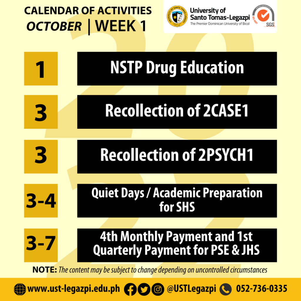 Calendar of Activities for October 2022 - University of Santo Tomas ...