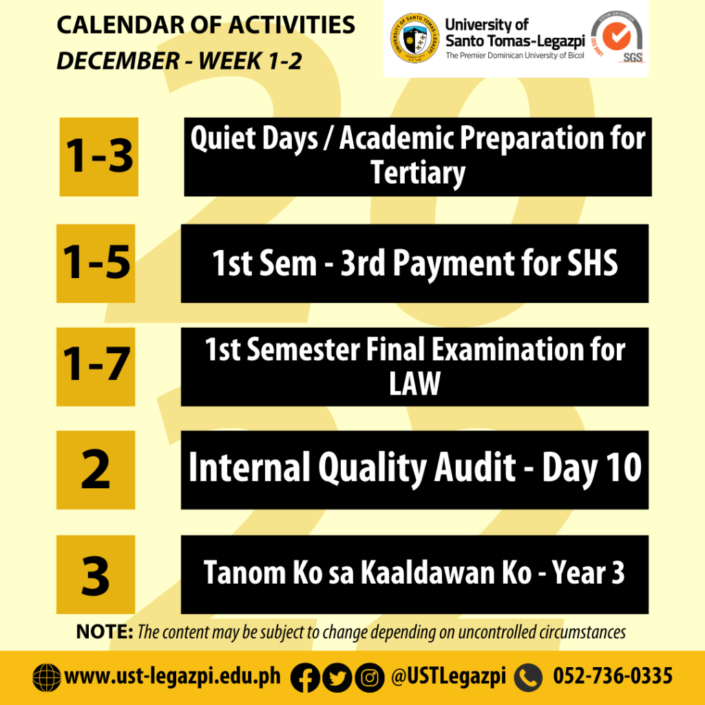 CALENDAR OF ACTIVITIES FOR DECEMBER 2022 - University of Santo Tomas ...