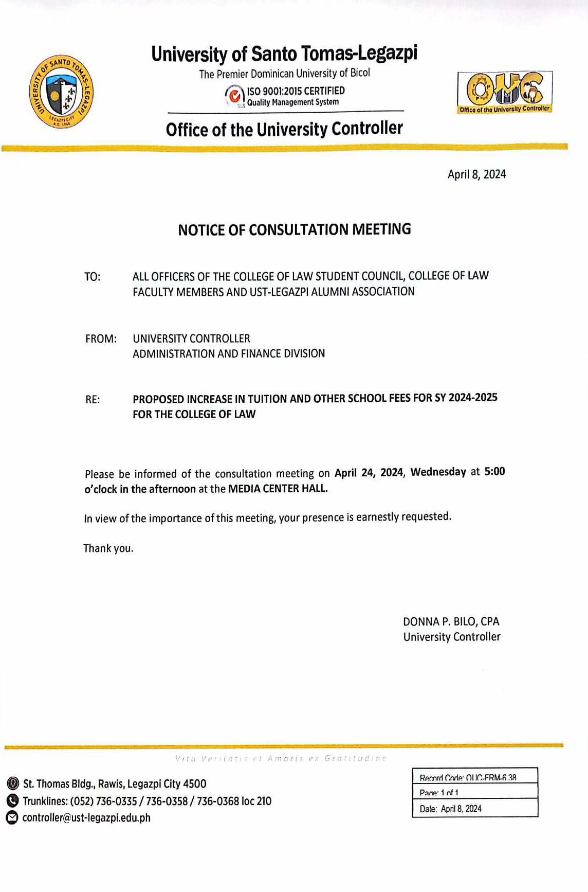 NOTICE OF CONSULTATION MEETING - University of Santo Tomas - Legazpi