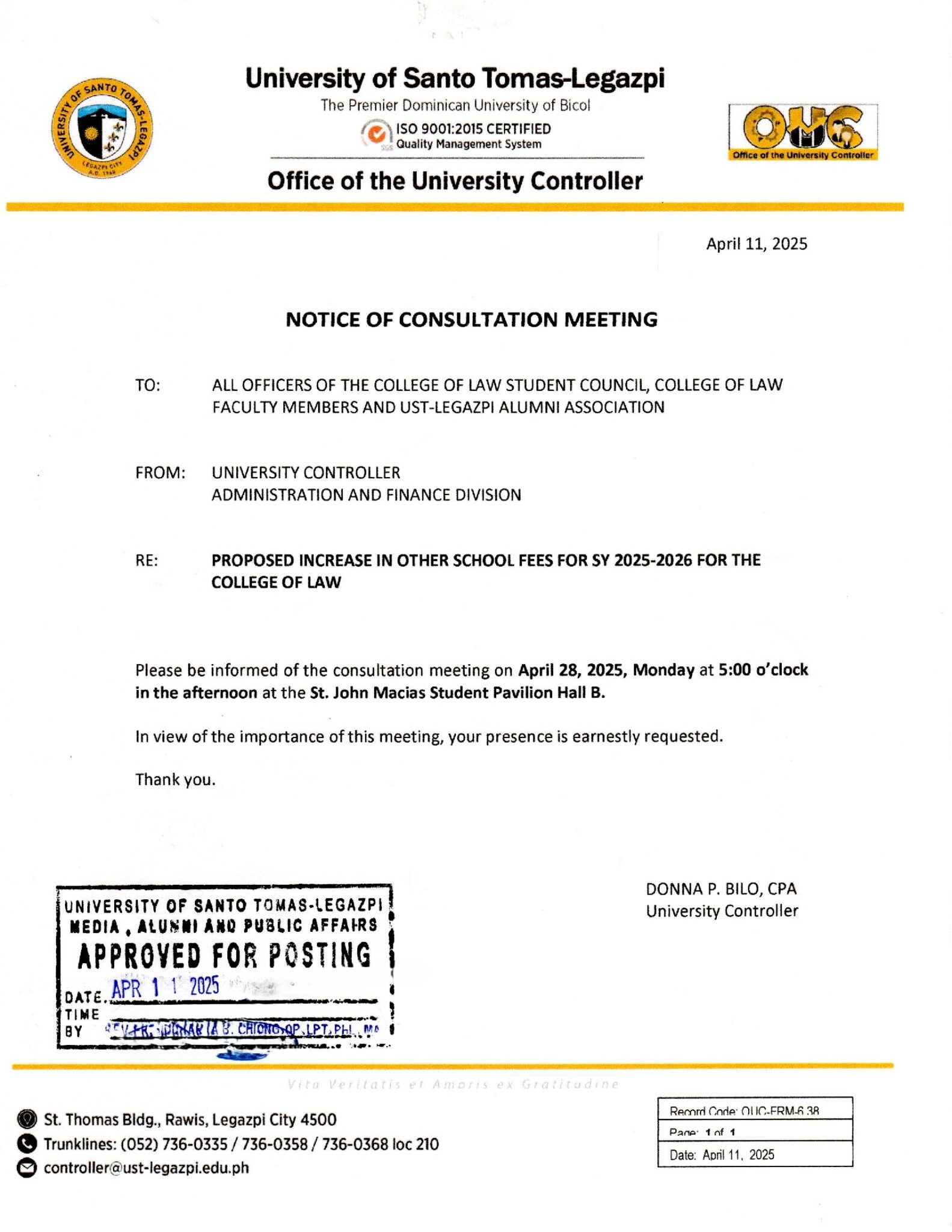 NOTICE OF CONSULTATION MEETING - University of Santo Tomas - Legazpi